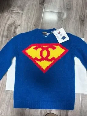 CHANEL | Sweaters | Chanel Blue Crewneck Sweater With Red And Yellow ...